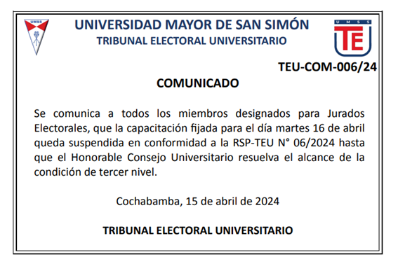 TRIBUNAL ELECTORAL UNIVERSITARIO | UMSS