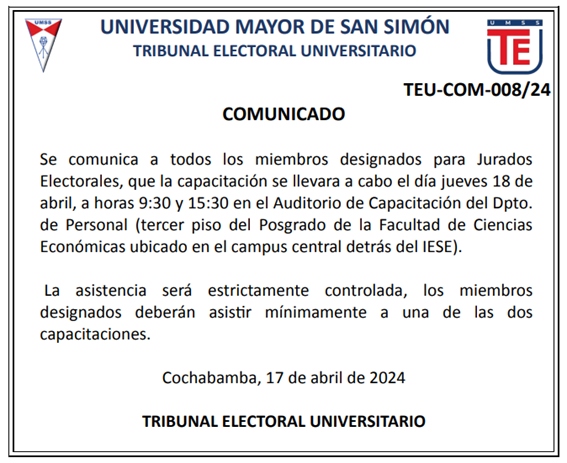 TRIBUNAL ELECTORAL UNIVERSITARIO | UMSS
